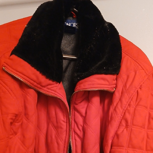 Honors | Jackets & Coats | Elegant Red Quilted Jacket With Black Collar ...
